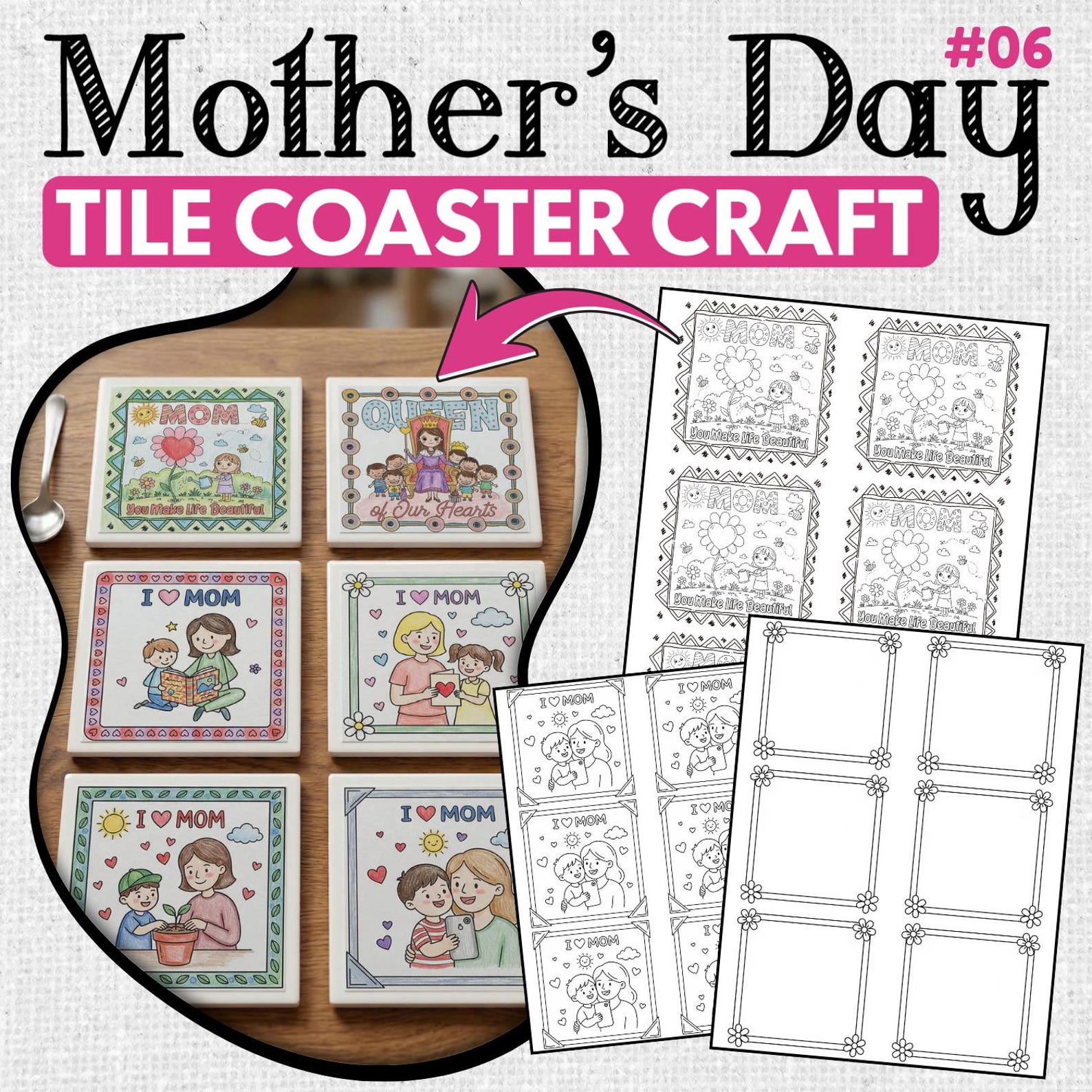 Mother's Day Tile Coaster Craft: Coloring Templates (digital Download ...