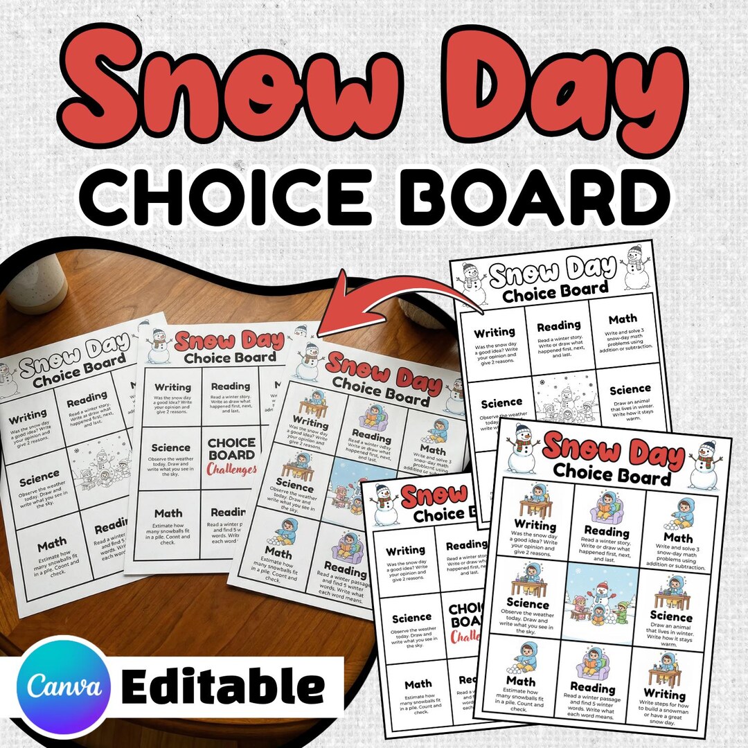 Editable Snow Day Choice Board, Winter Activities | Reading Writing ...