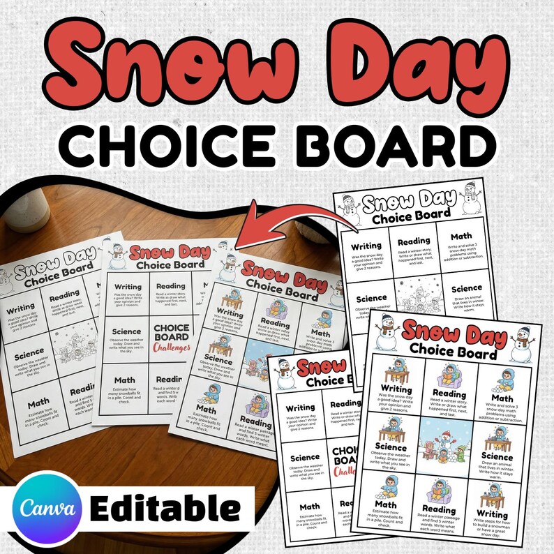 Editable Snow Day Choice Board, Winter Activities | Reading Writing ...