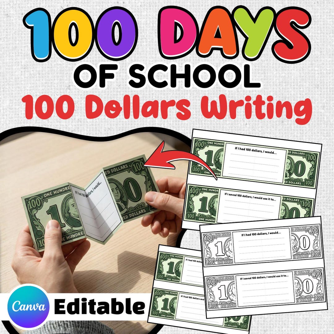 100th Day of School Dollar Bill Craft | Writing Prompts (canva Editable ...