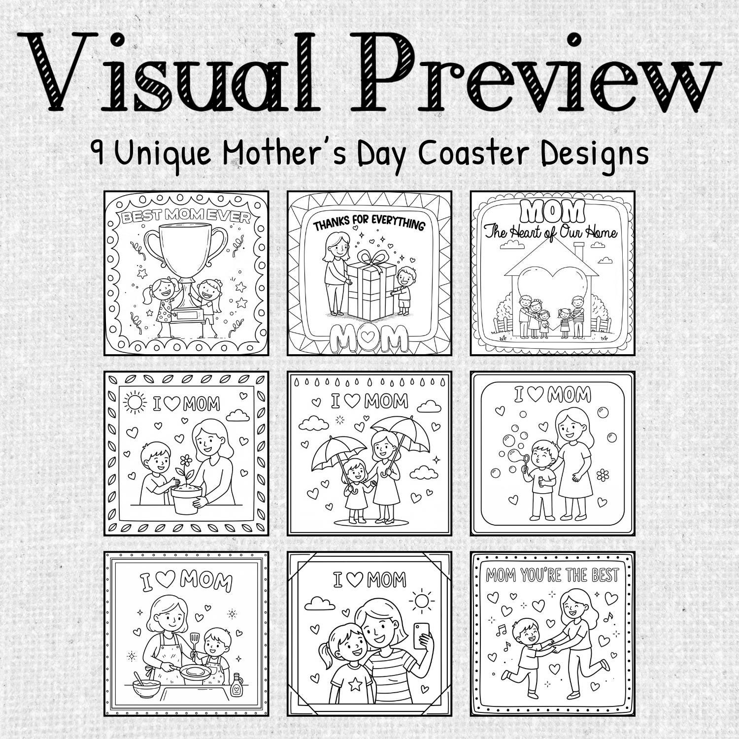 Mother's Day Tile Coaster Coloring Pages: Gift Craft Activity (digital ...