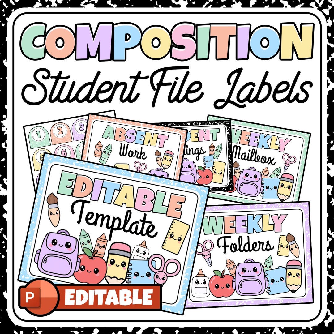 Kawaii Classroom File Labels: Composition Notebook Theme (PDF Download ...