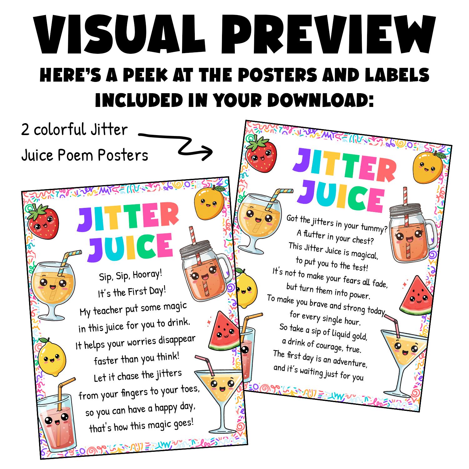 Jitter Juice Label & Poem Poster Set: First Day of School Activity (PDF ...