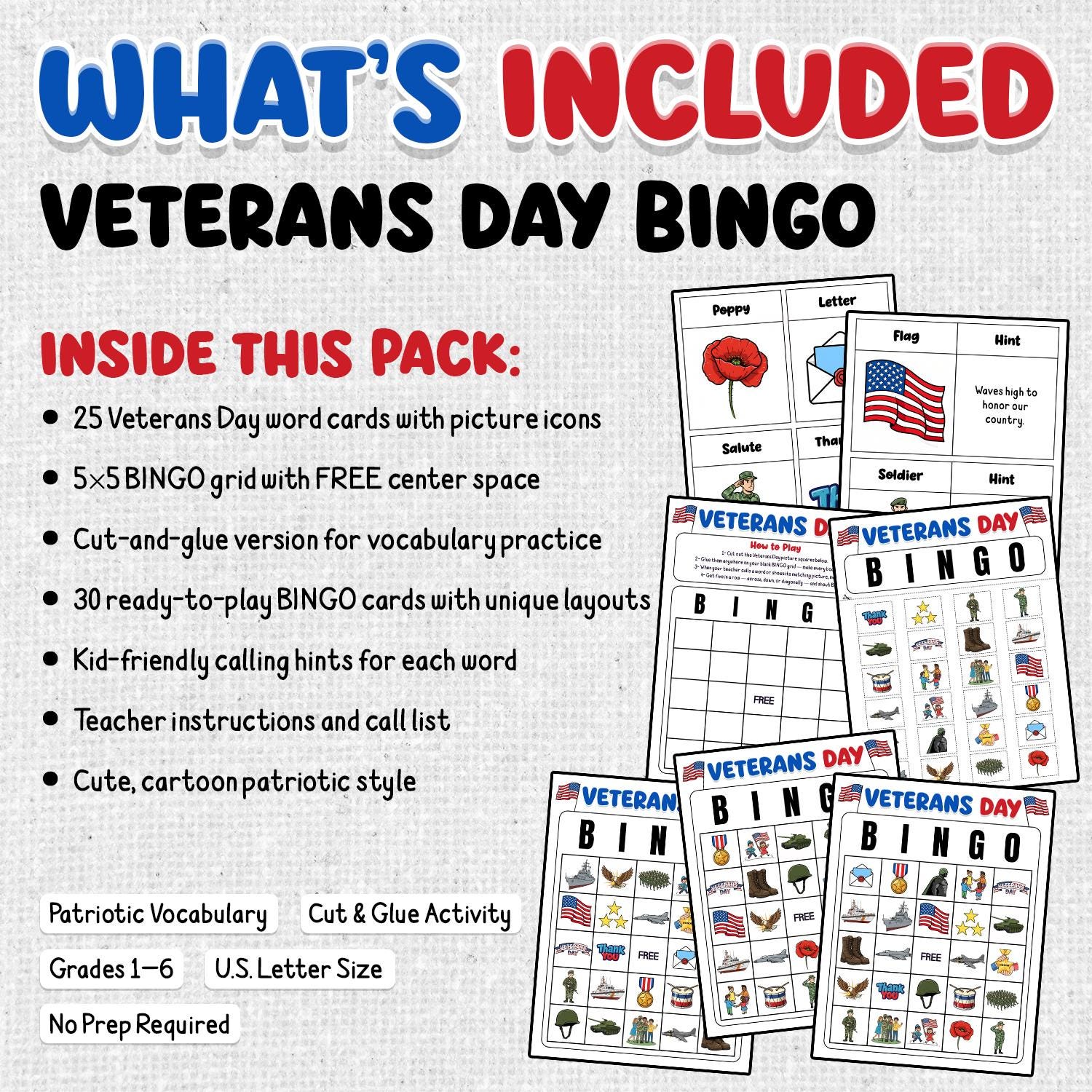 Veterans Day Bingo Game – Boards With Patriotic Vocabulary & Picture ...