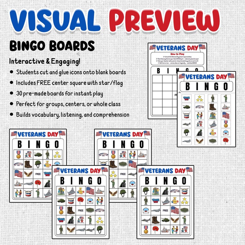 Veterans Day Bingo Game – Boards With Patriotic Vocabulary & Picture ...