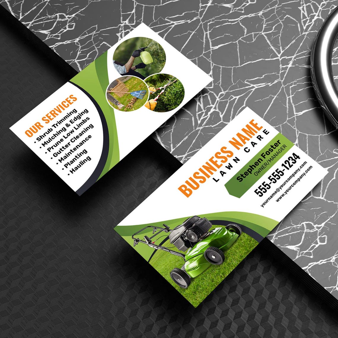Editable Lawn Care Business Card Template: Landscaping DIY Design (PSD ...