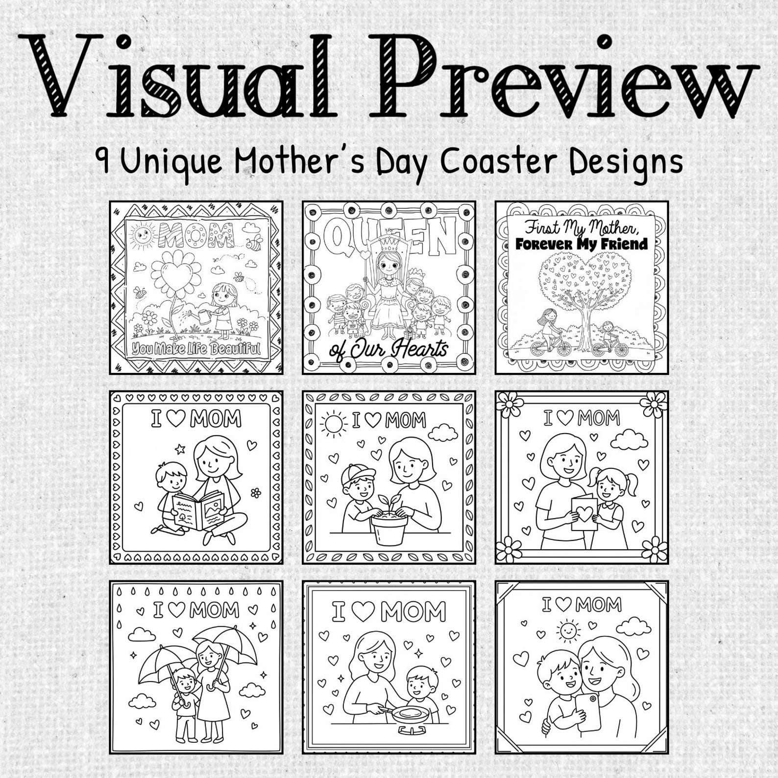Mother's Day Tile Coaster Craft: Coloring Templates (digital Download ...