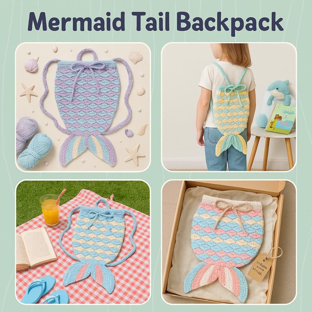 Crochet Mermaid Tail Backpack | Handmade Cotton Kids Drawstring Bag - Etsy