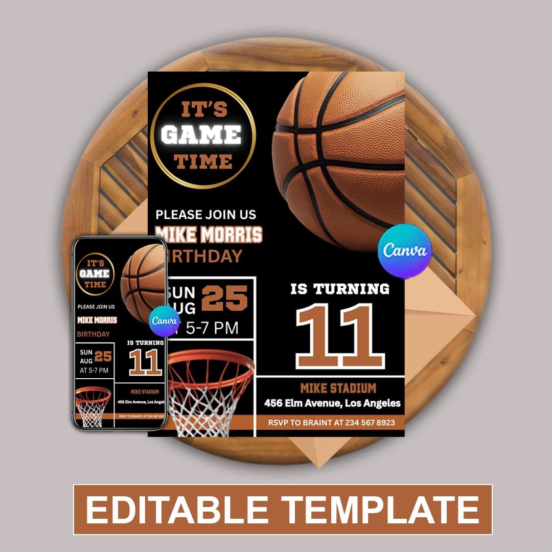 Editable Basketball Invitation Template, Basketball Birthday Invitation ...