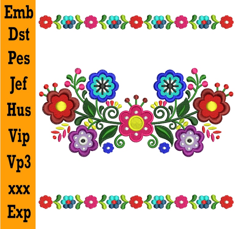 Floral Embroidery Design: Folk Art Flower Border - 2 Sizes (digital ...