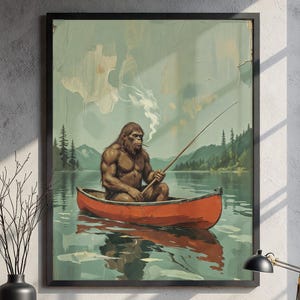 Bigfoot Canoe Fishing Print Retro Lake Art Sasquatch Wall Decor Cabin ...