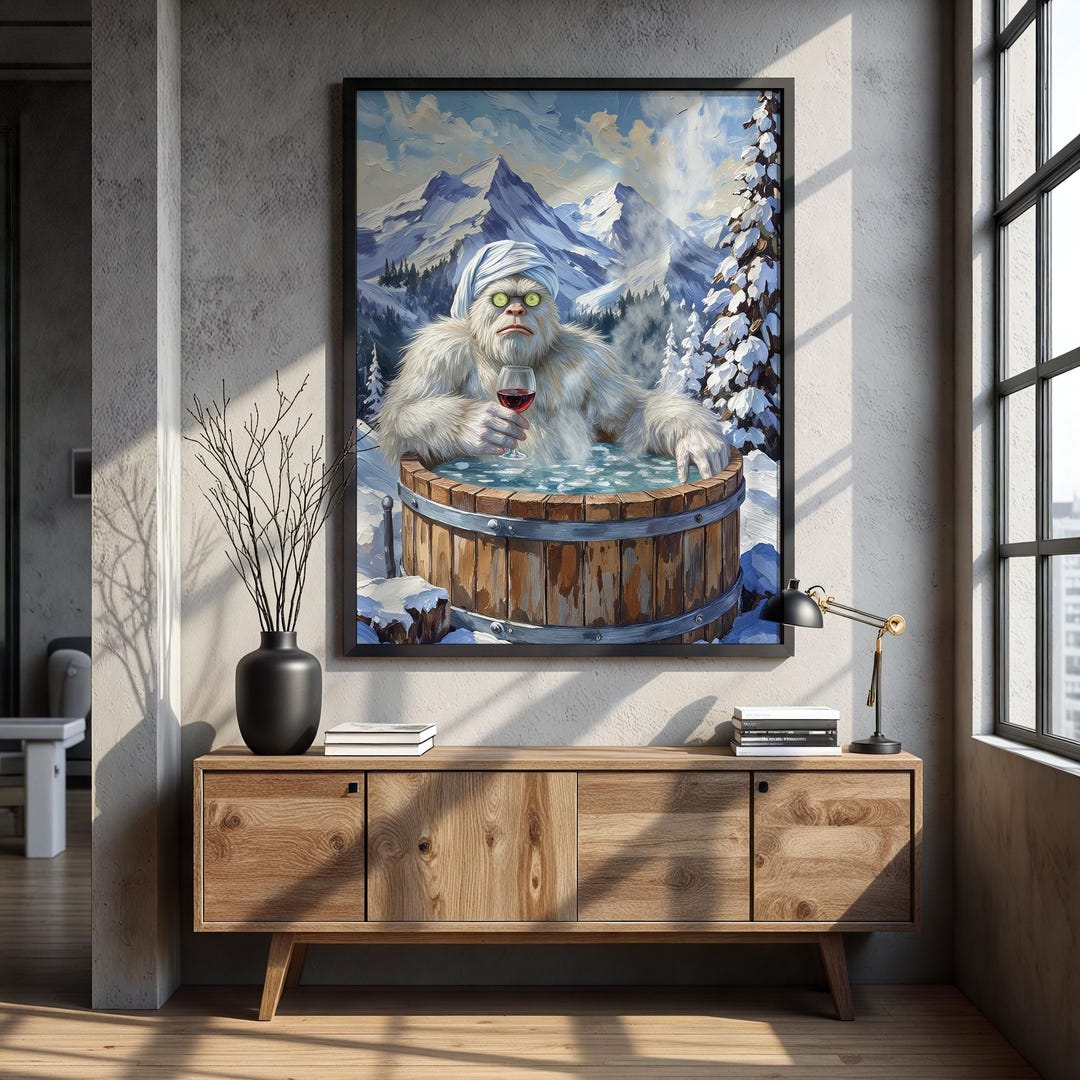 Funny Bathroom Art, Yeti in Hot Tub, Spa Day Decor, Wine Lover Gift - Etsy