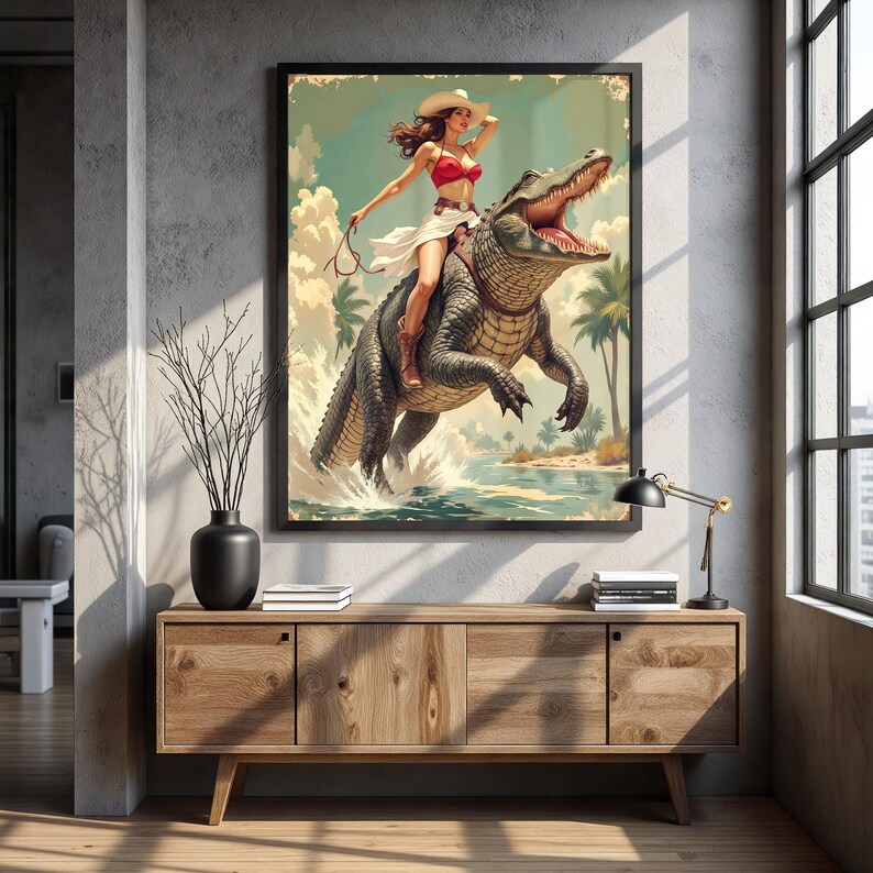 Retro Coastal Cowgirl Riding Alligator Poster Western Ranch Art Print ...
