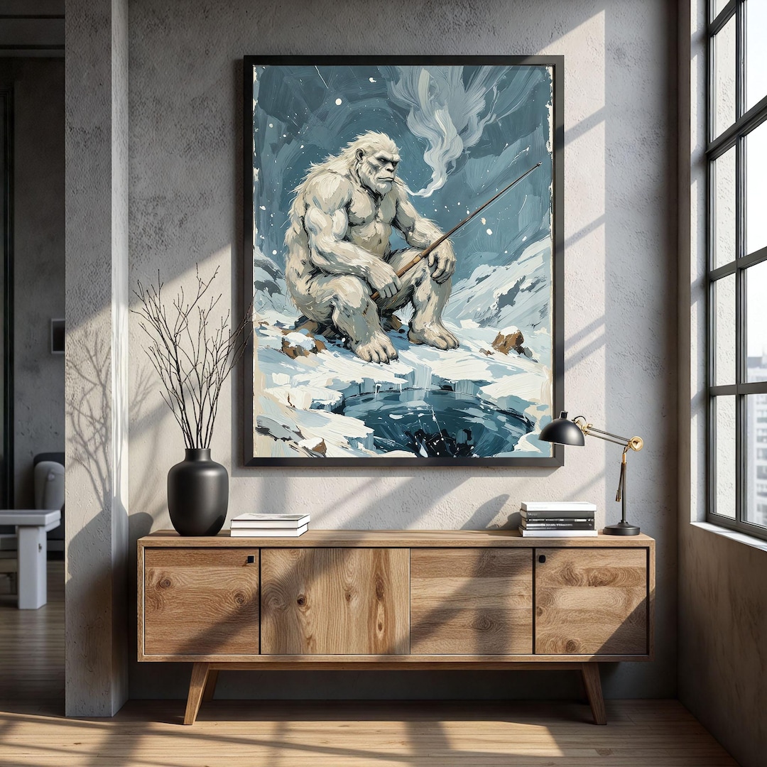Painterly Yeti Art Print, Mens Wall Art, Funny Ice Fishing Gift, Winter ...