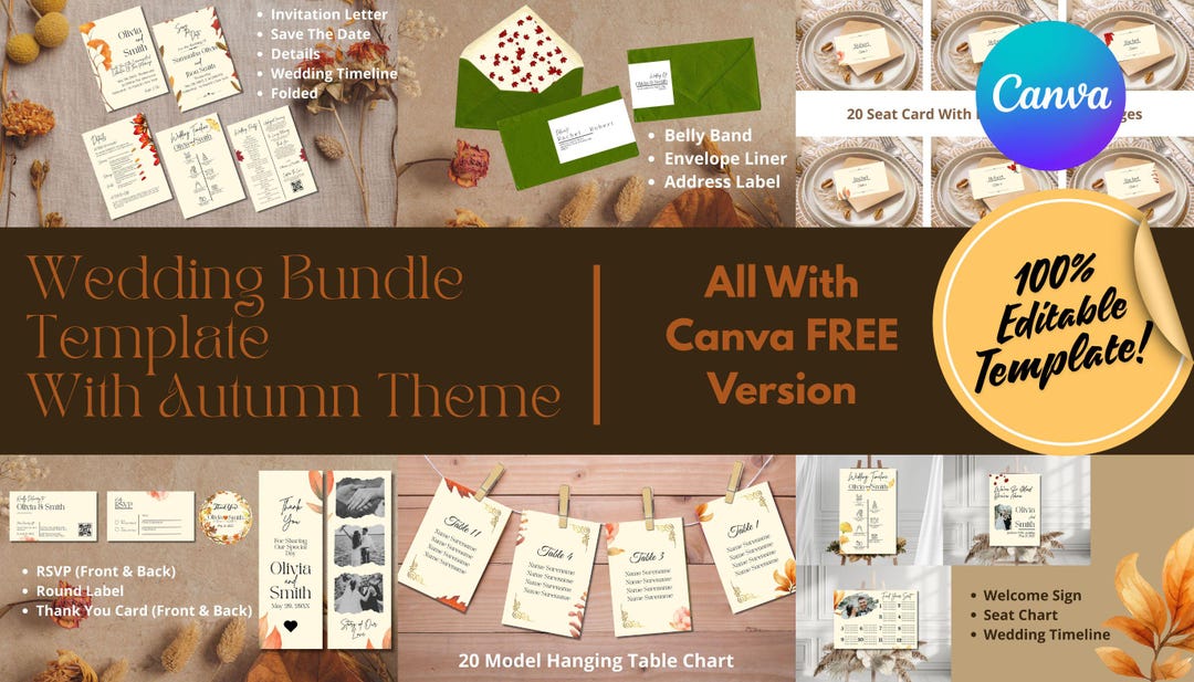 Canva Wedding Template Stationery Bundle Template Autumn Theme Set, Editable Printable Wedding ...