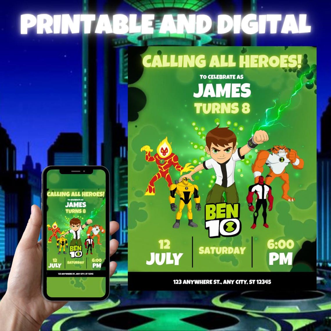 Ben 10 Birthday Invitation | Editable Canva Template | Cartoon Theme ...
