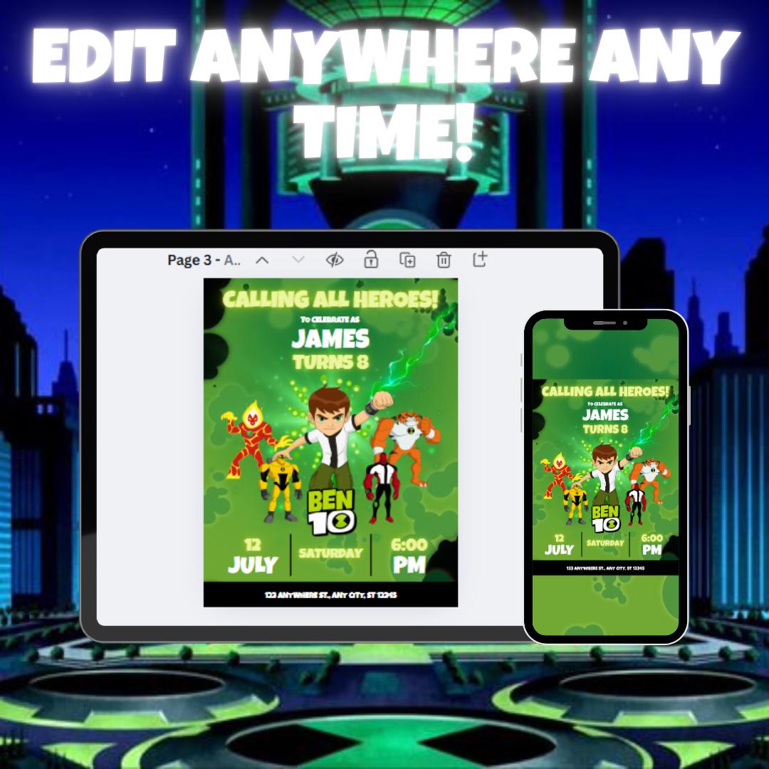 Ben 10 Birthday Invitation | Editable Canva Template | Cartoon Theme ...