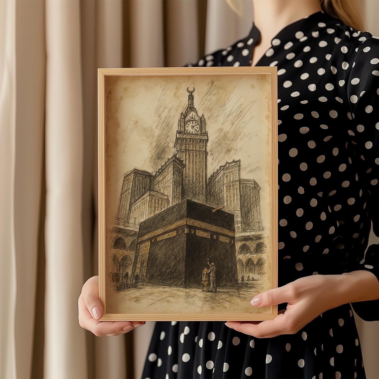 Kaaba and Makkah Clock Tower Islamic Wall Art Print | Vintage Sketch ...