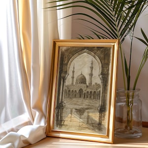 Vintage Masjid Nabwi Sketch Print | Madinah Mosque Courtyard (digital ...