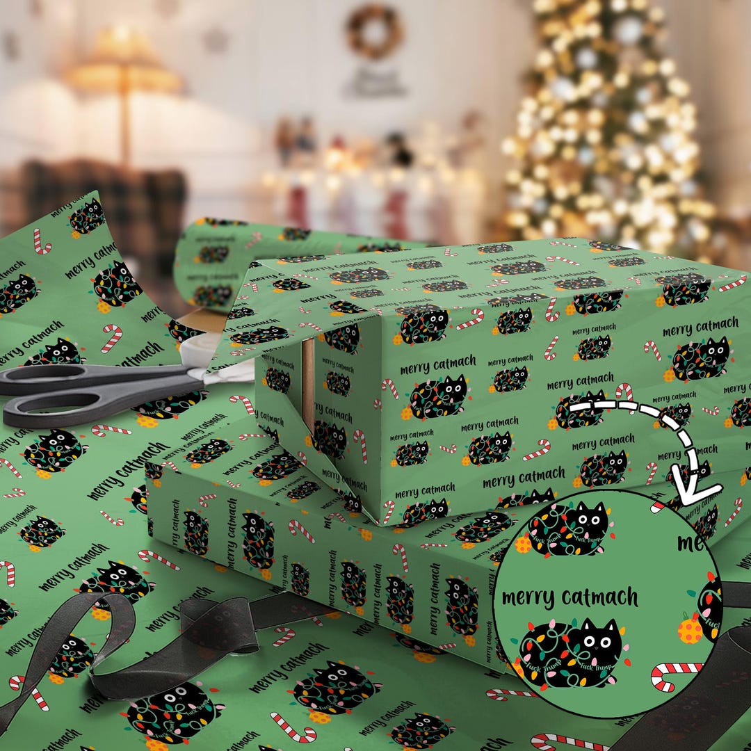 Christmas Cat Wrapping Paper, Cute Meow Gift Wrap Roll, Holiday Gift ...