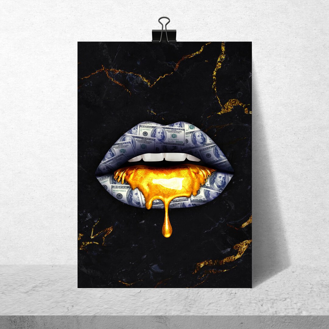 Luxury Drip Money Lips Print | Gold & Money Aesthetic | Black and Gold ...