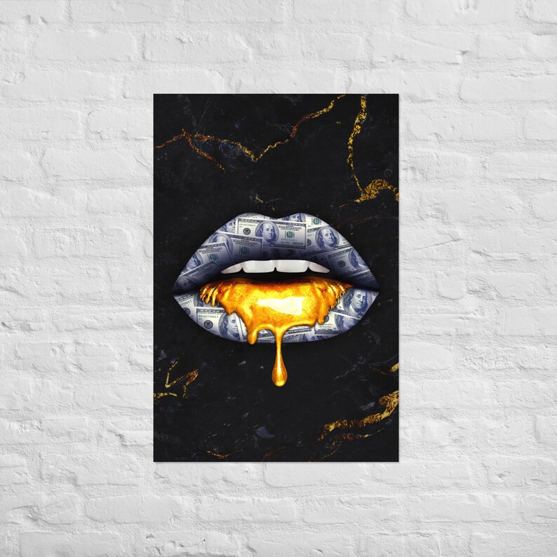 Luxury Drip Money Lips Print | Gold & Money Aesthetic | Black and Gold ...