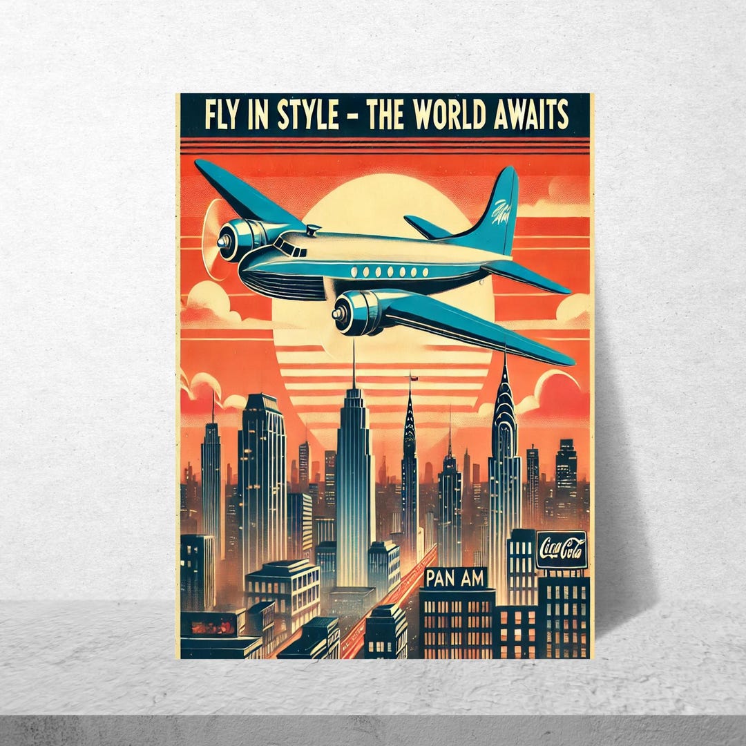 Retro 1950s Airline Travel Poster Vintage Pan Am-style Airplane Wall ...
