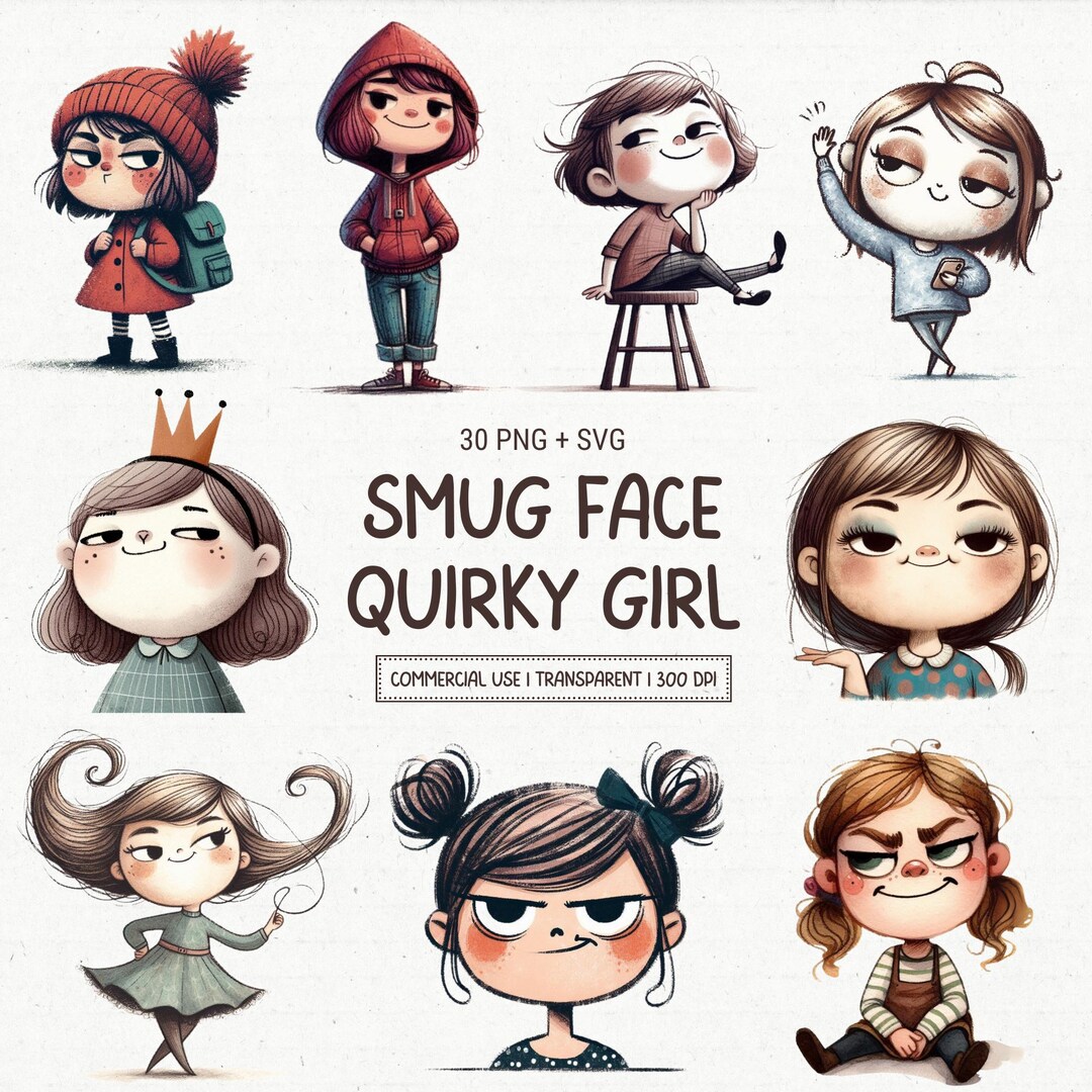 Quirky Smug Face Girls Clipart PNG & SVG - Whimsical Funny Cute Grumpy ...