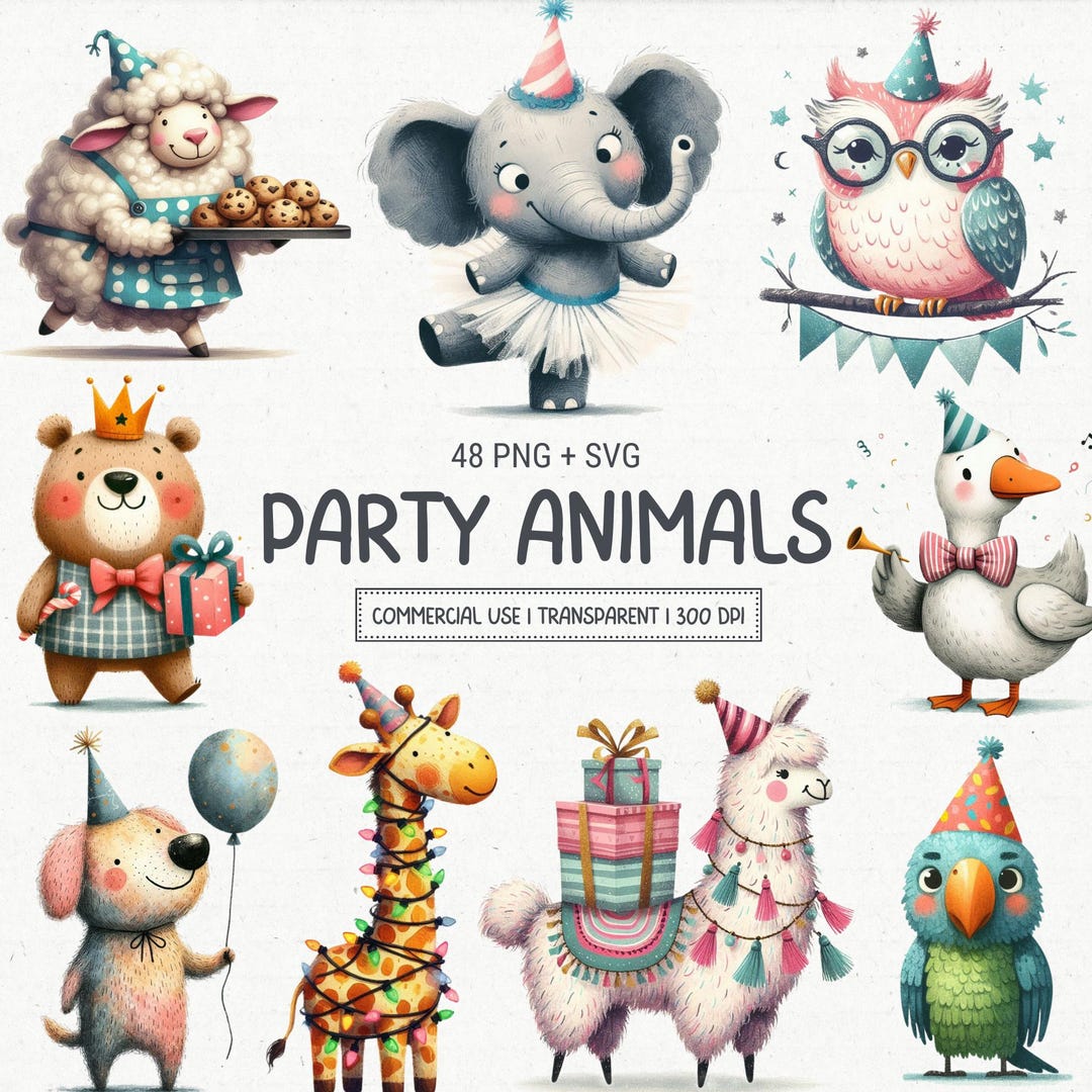 Cute Party Animals Clipart PNG & SVG Bundle – 48 Funny Birthday Animals ...