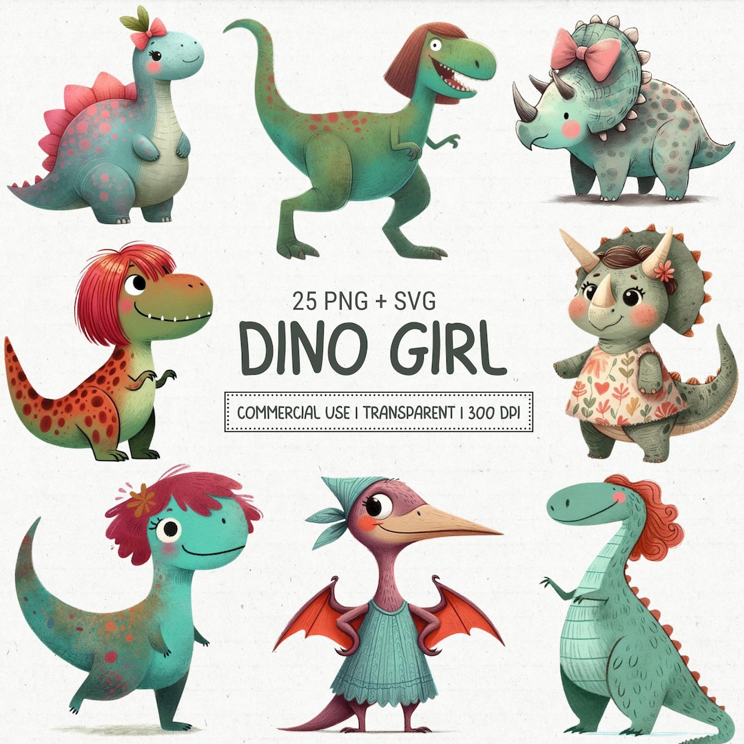 Cute Girl Dinosaur Clipart PNG & SVG Bundle – Funny Quirky Lady Dino ...