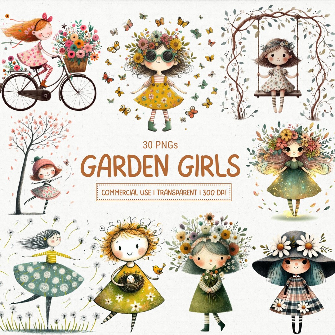 Garden Girls Clipart Whimsical Cute Spring Lady PNG Bundle Including ...