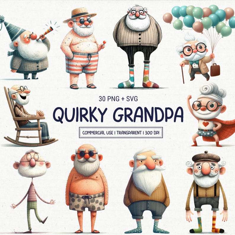 Quirky Grandpa Clipart PNG & SVG Bundle – 30 Funny Whimsical Old Man Grandfather Cartoon ...
