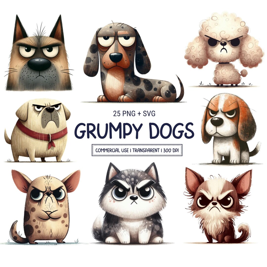 Grumpy Dogs Clipart PNG & SVG Bundle – 25 Watercolor Cute Whimsical ...