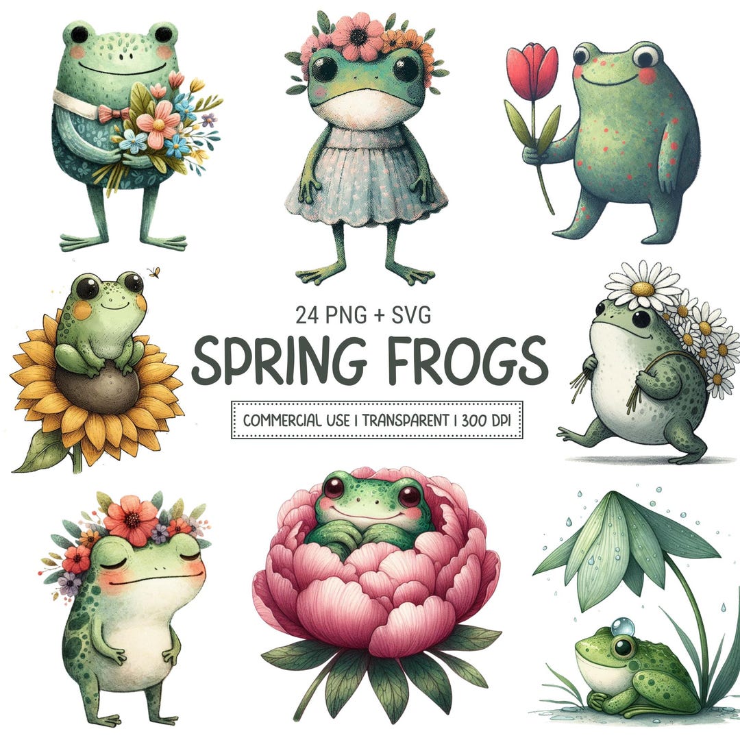 Cute Spring Frog Clipart PNG & SVG Bundle – 24 Quirky Funny Garden Frog ...