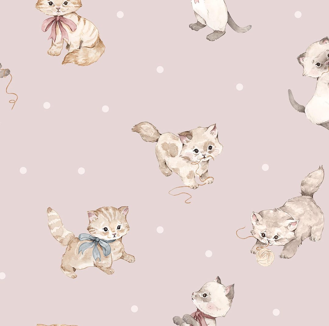 I Love Cats Wallpaper – Hand-painted Pink Cat Wallpaper for Kids Room ...