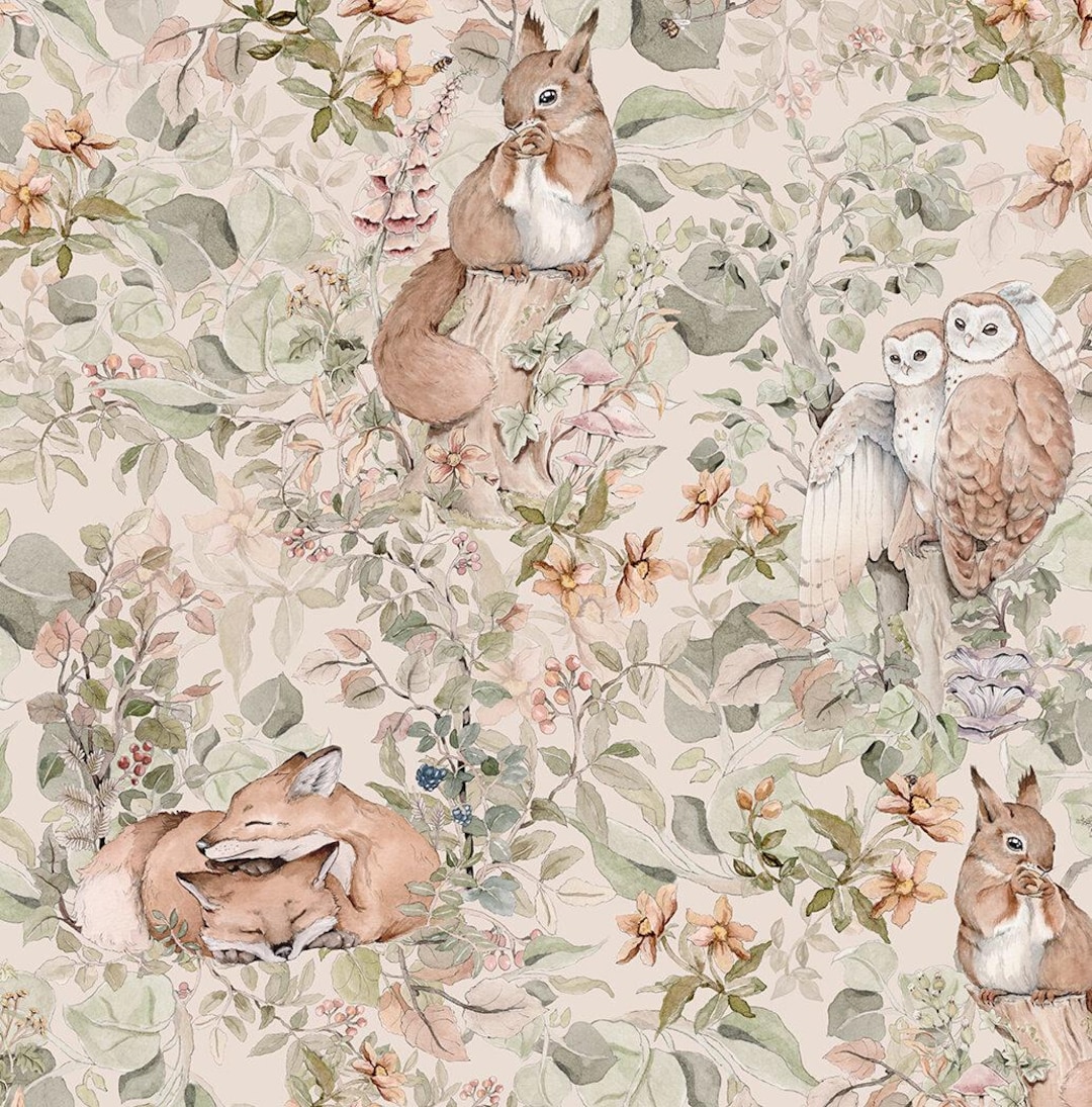 Forest Wallpaper Beige - Woodland Animals Wallpaper - Kids Room Decor ...