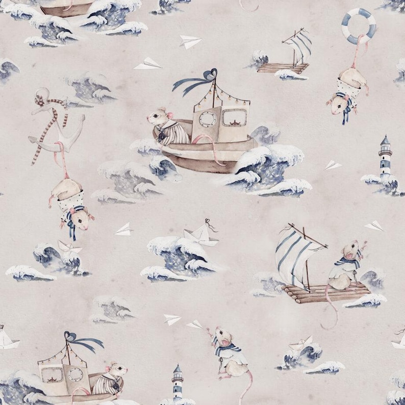Beige Mouse Wallpaper - Navy Sailor Mice Mural - Cute Kids Nursery ...