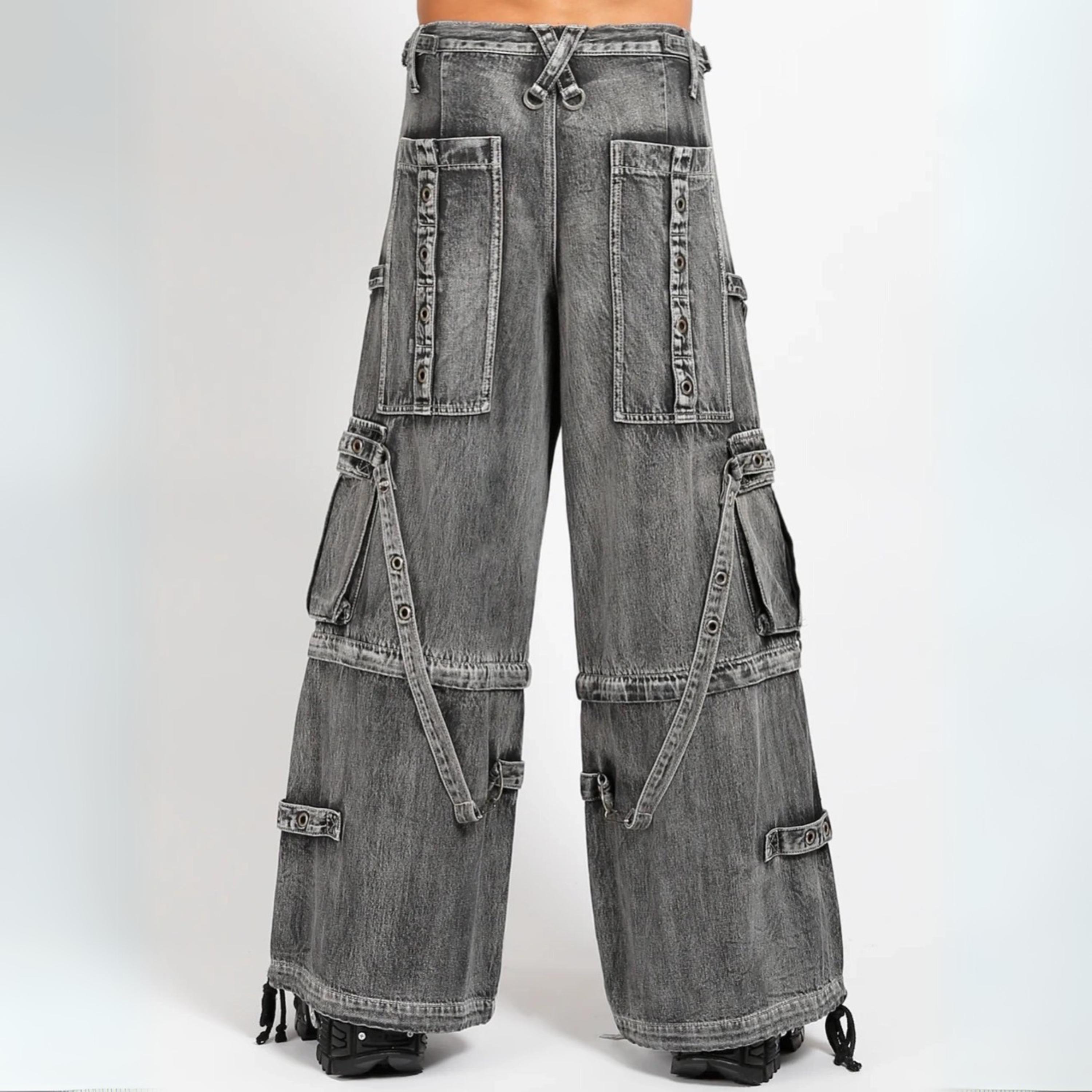 Handcrafted Unisex Fog Wash Gray Denim Cargo Pants Denim Wide Leg Punk ...
