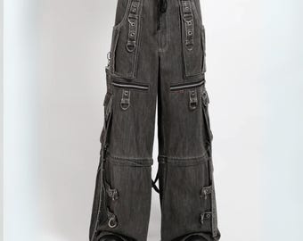 Handcrafted Unisex Fog Wash Gray Denim Cargo Pants Denim Wide Leg Punk ...