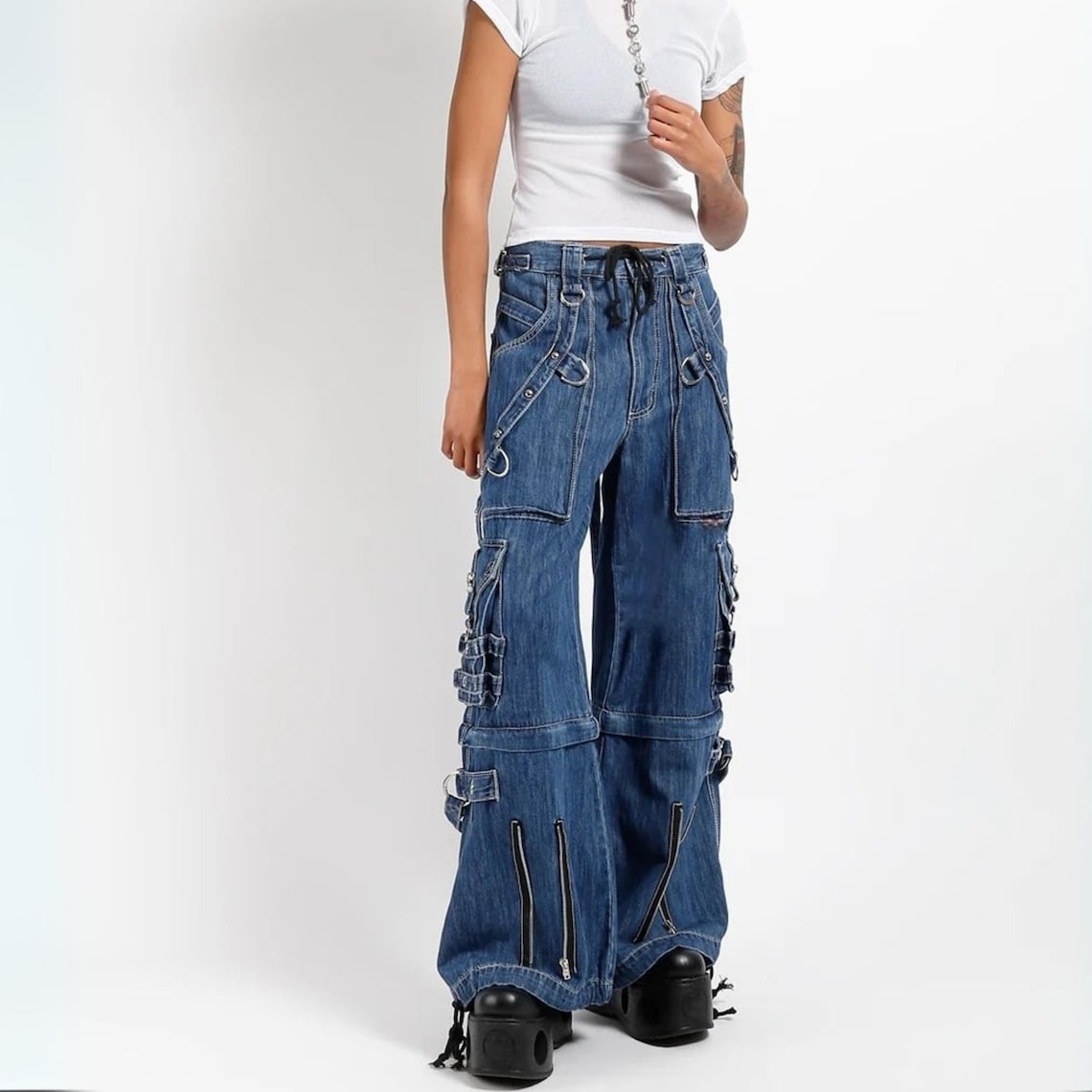 Handcrafted Unisex Denim Cargo Pants - Light Blue Punk Rock Trousers ...