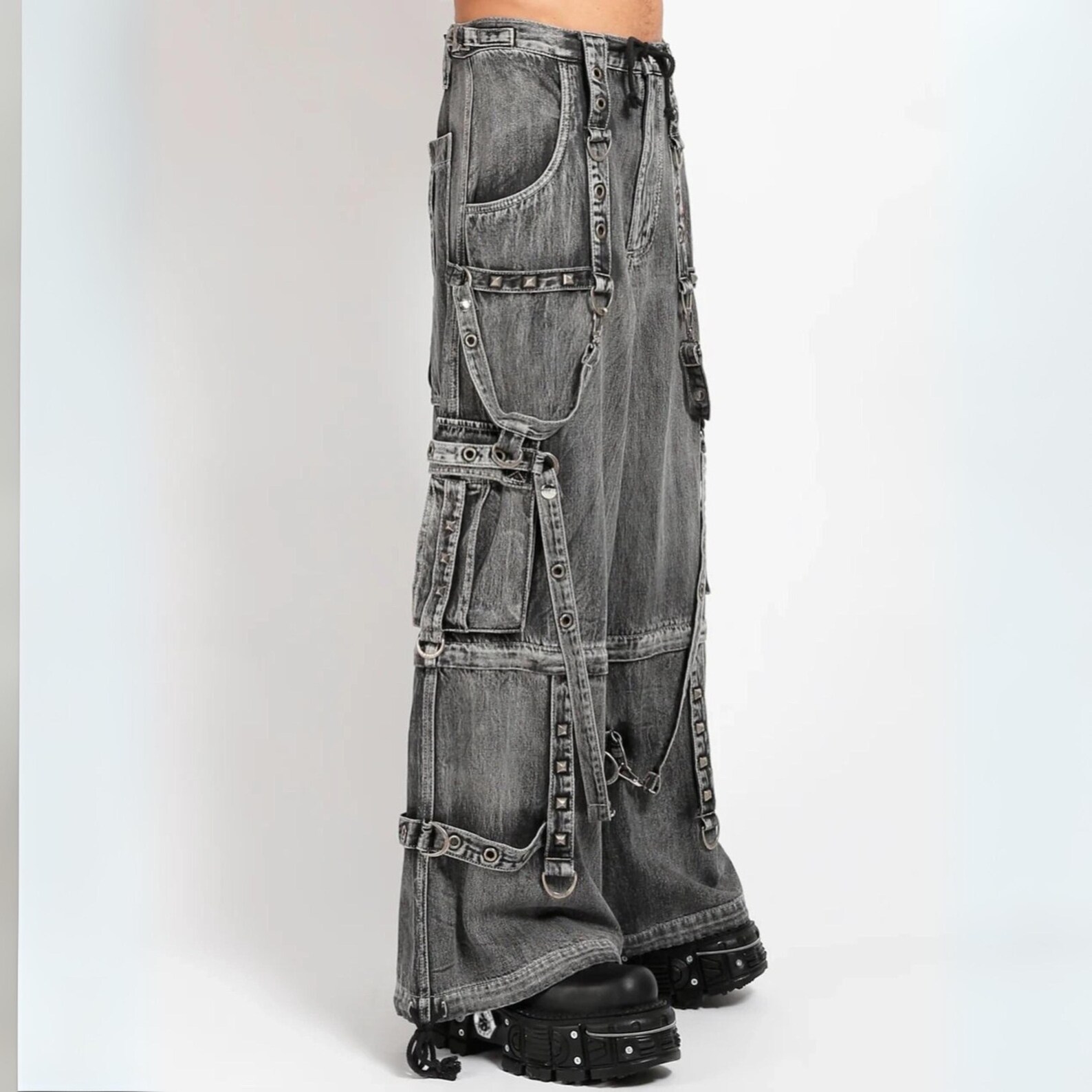 Handcrafted Unisex Fog Wash Gray Denim Cargo Pants Denim Wide Leg Punk ...