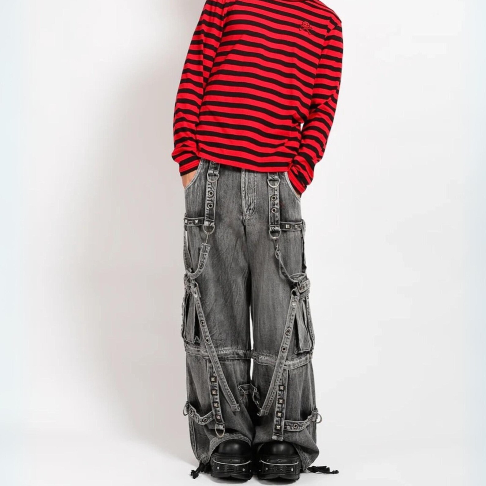 Handcrafted Unisex Fog Wash Gray Denim Cargo Pants Denim Wide Leg Punk ...