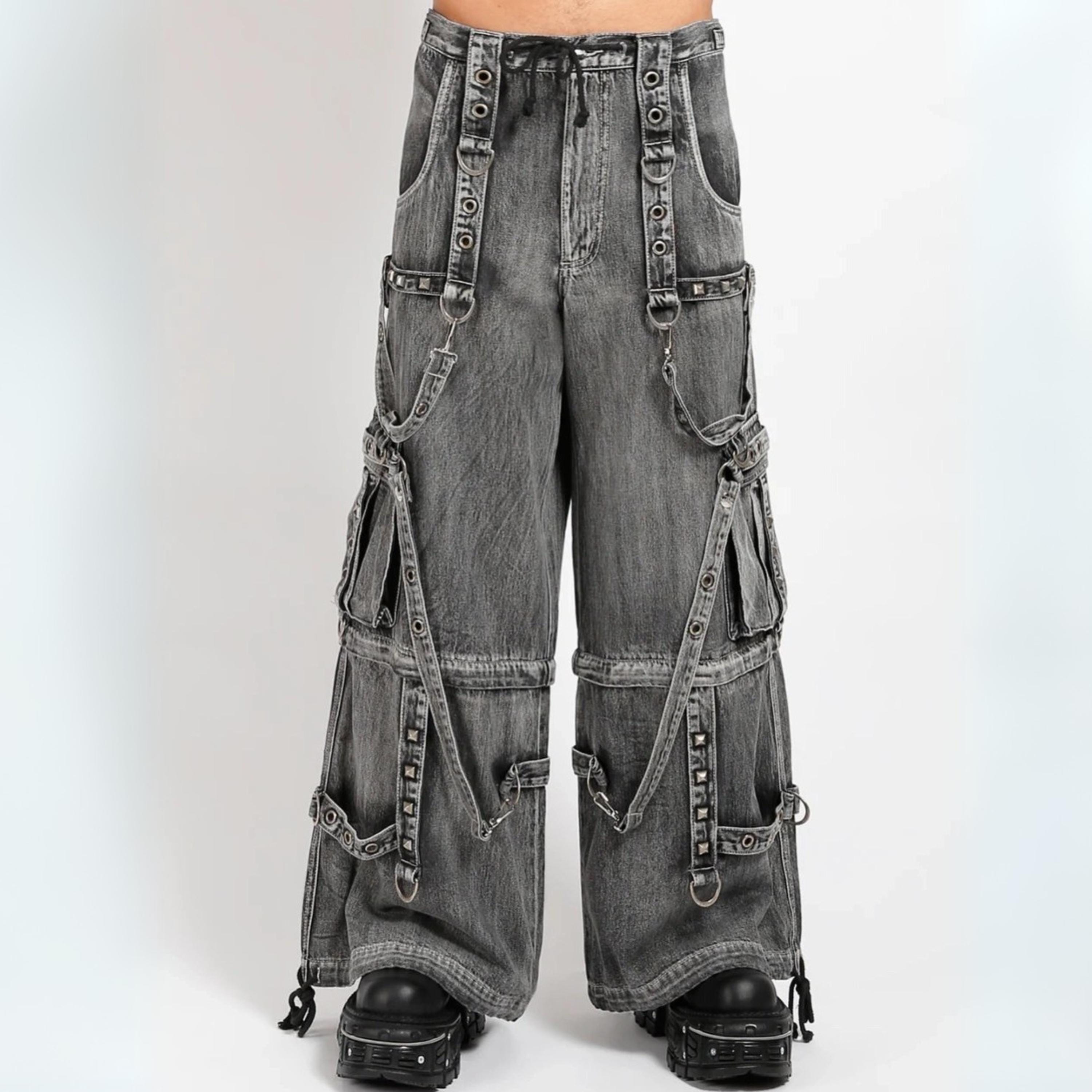 Handcrafted Unisex Fog Wash Gray Denim Cargo Pants Denim Wide Leg Punk ...