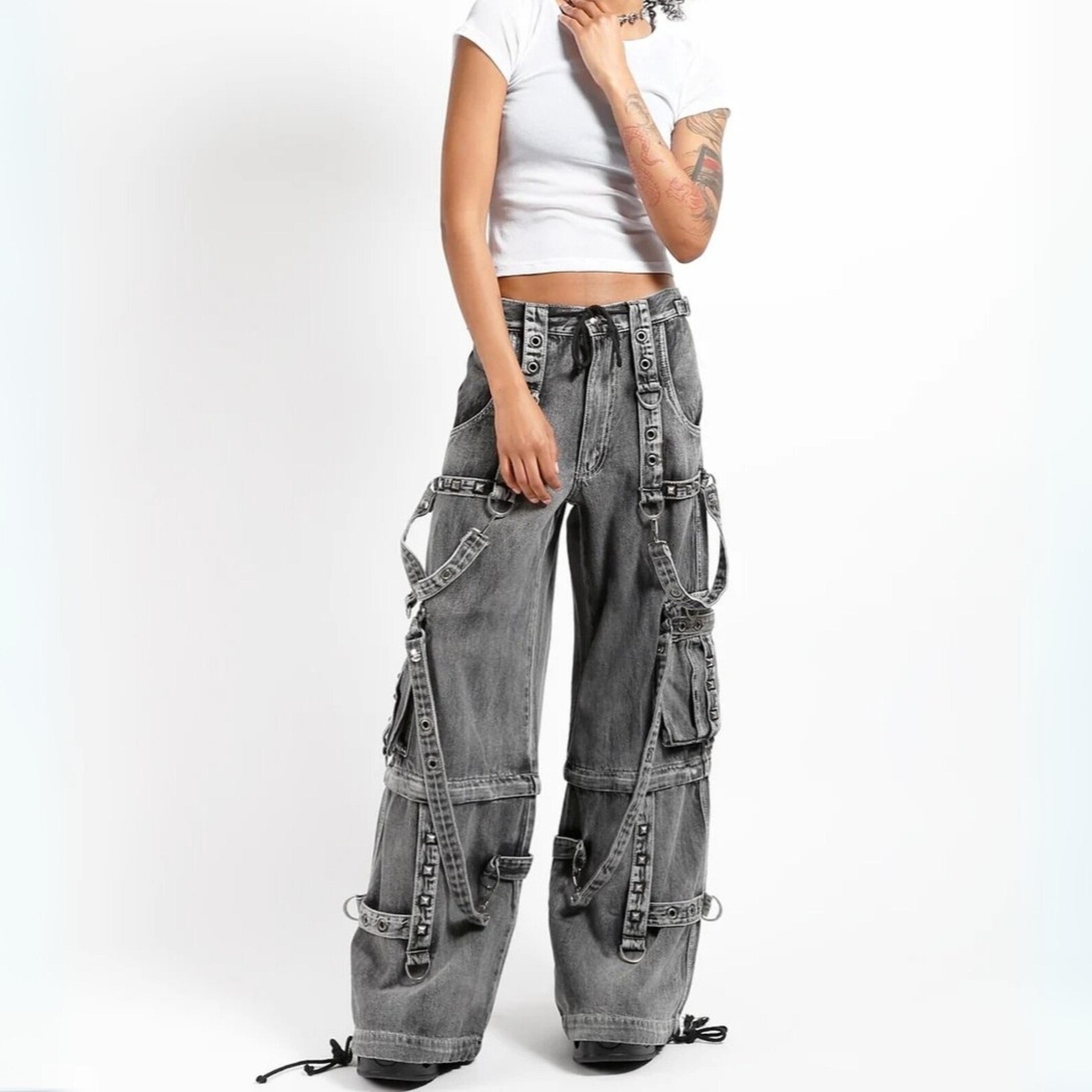 Handcrafted Unisex Fog Wash Gray Denim Cargo Pants Denim Wide Leg Punk ...