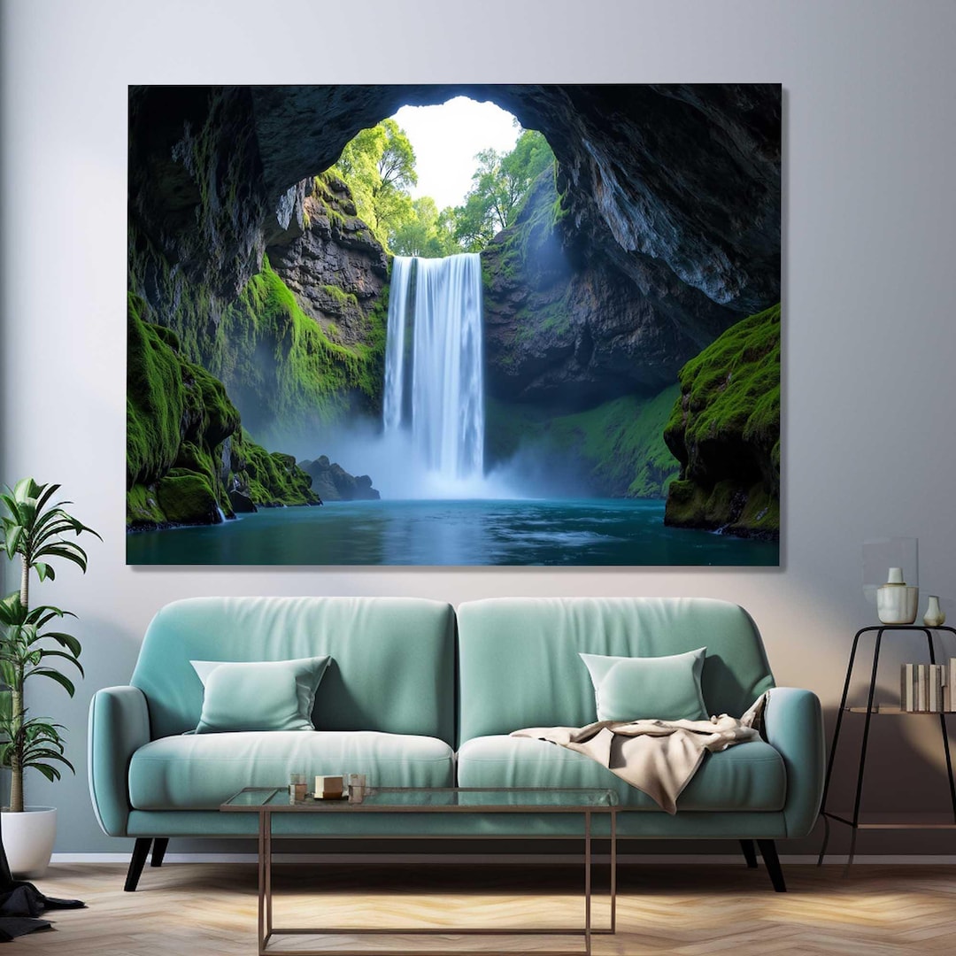 Waterfall Cave Wall Art on Tempered Glass – Nature Landscape Decor ...