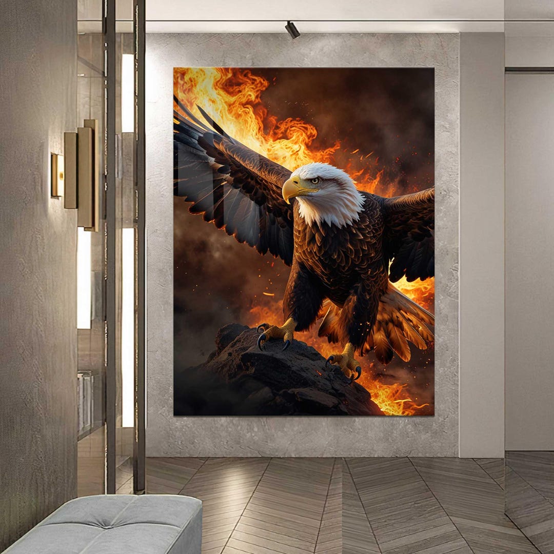 Fiery Eagle Tempered Glass Wall Art – Bald Eagle in Flames Print ...
