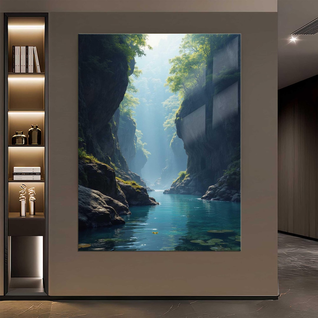 Waterfall Valley Glass Wall Art, Nature Tempered Glass Panel, Serene ...