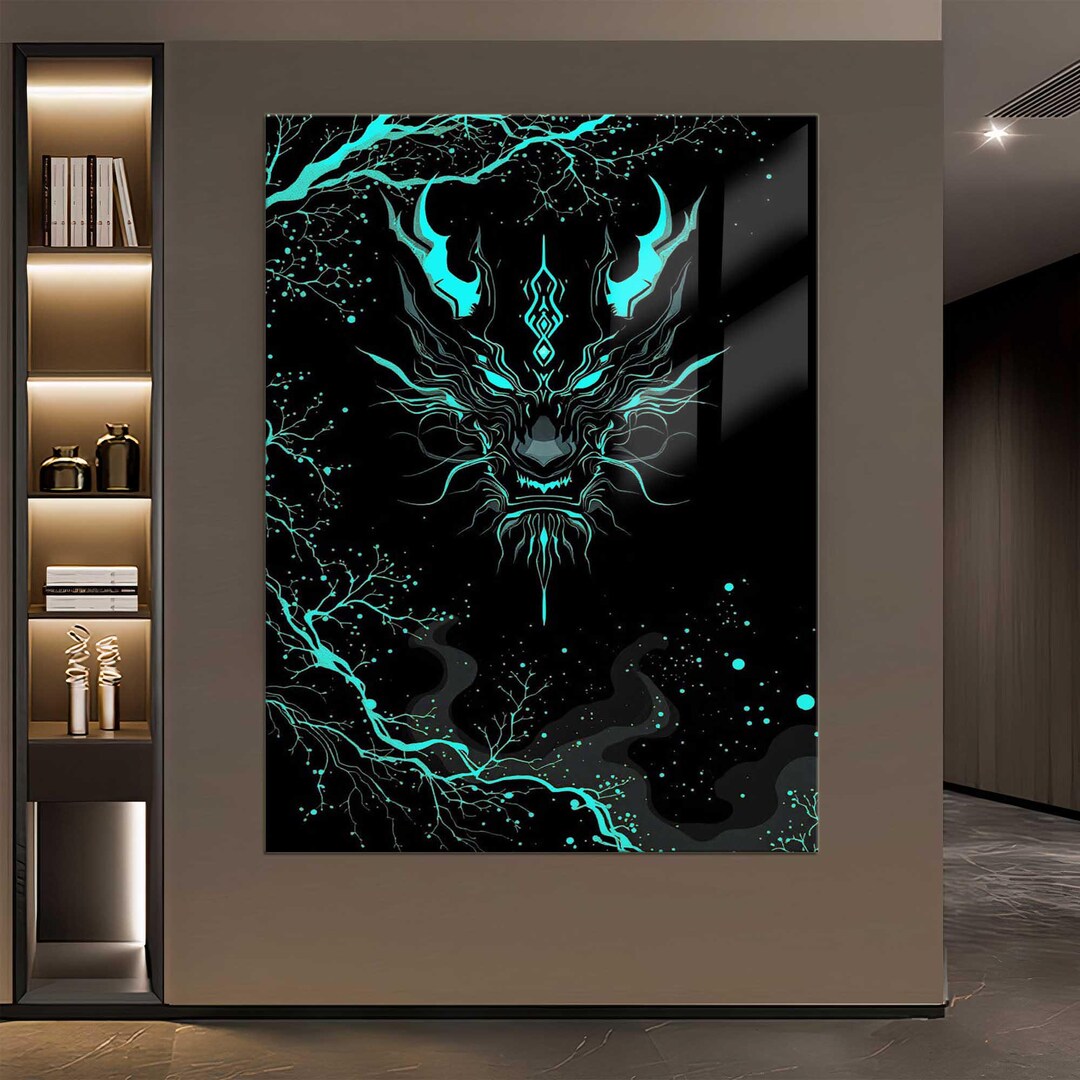 Blue Chinese Dragon Tempered Glass Wall Art, Mythical Oriental Decor ...