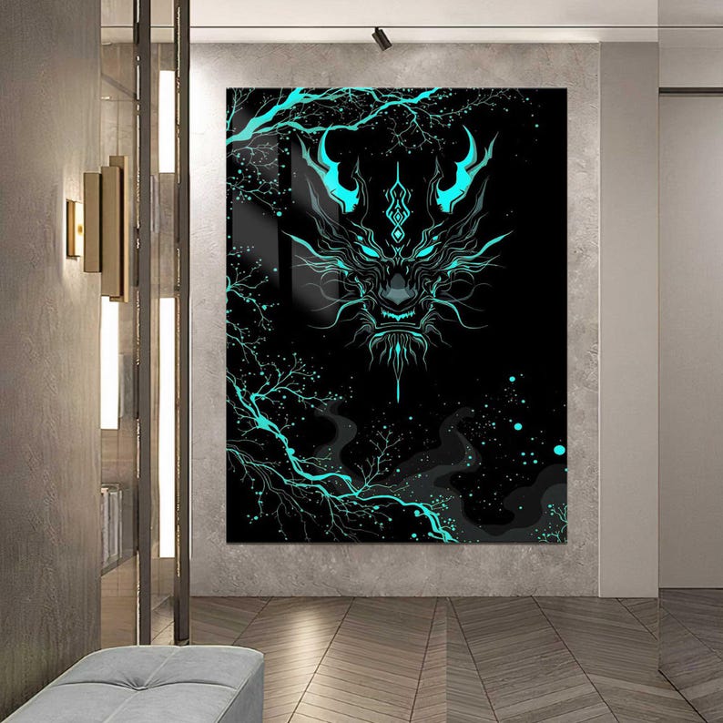 Blue Chinese Dragon Tempered Glass Wall Art, Mythical Oriental Decor ...