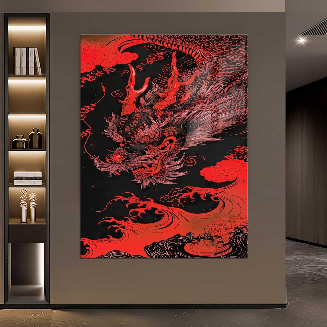 Red Chinese Dragon Tempered Glass Wall Art, Mythical Oriental Decor ...